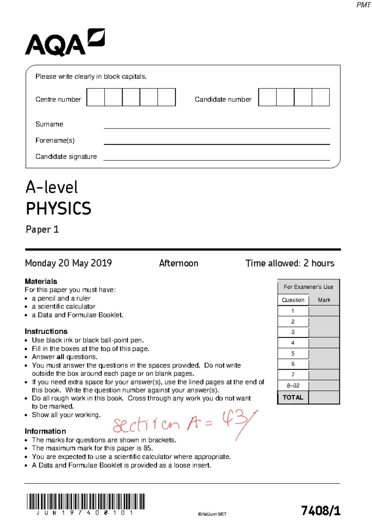 AQA PHYSICS Paper 1 June 2019 Question Paper (QP) - Studocu