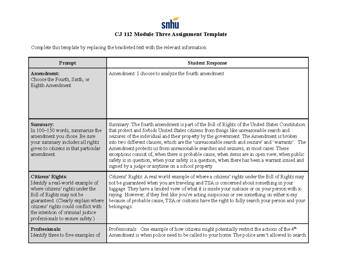 CJ 112 Module 3 Assignment: Analyzing the Fourth Amendment - Studocu