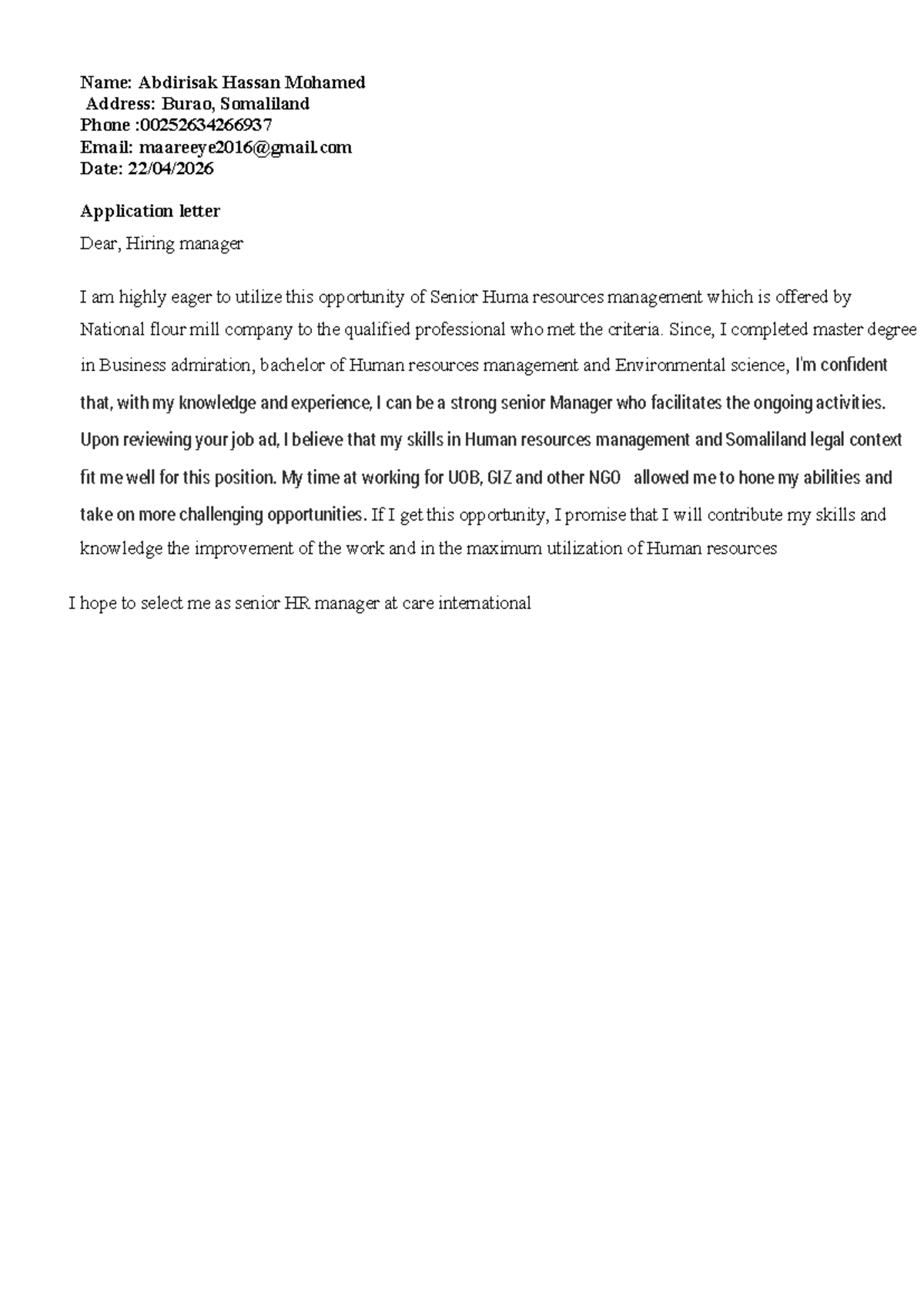 HRM Application Letter for Senior Manager Position at NFMC - Studocu