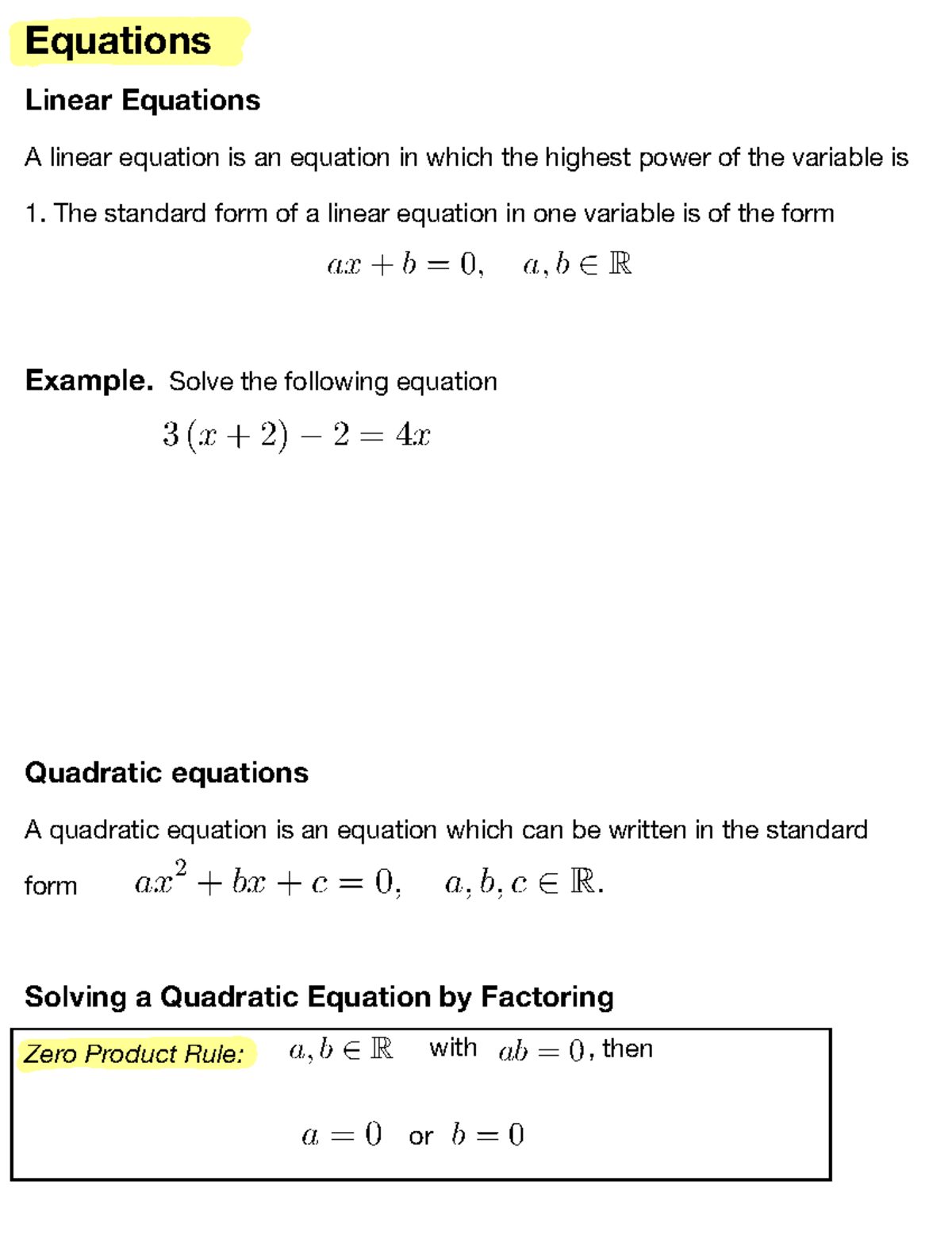 4-Equations - equations notes - Equations Linear Equations A linear ...