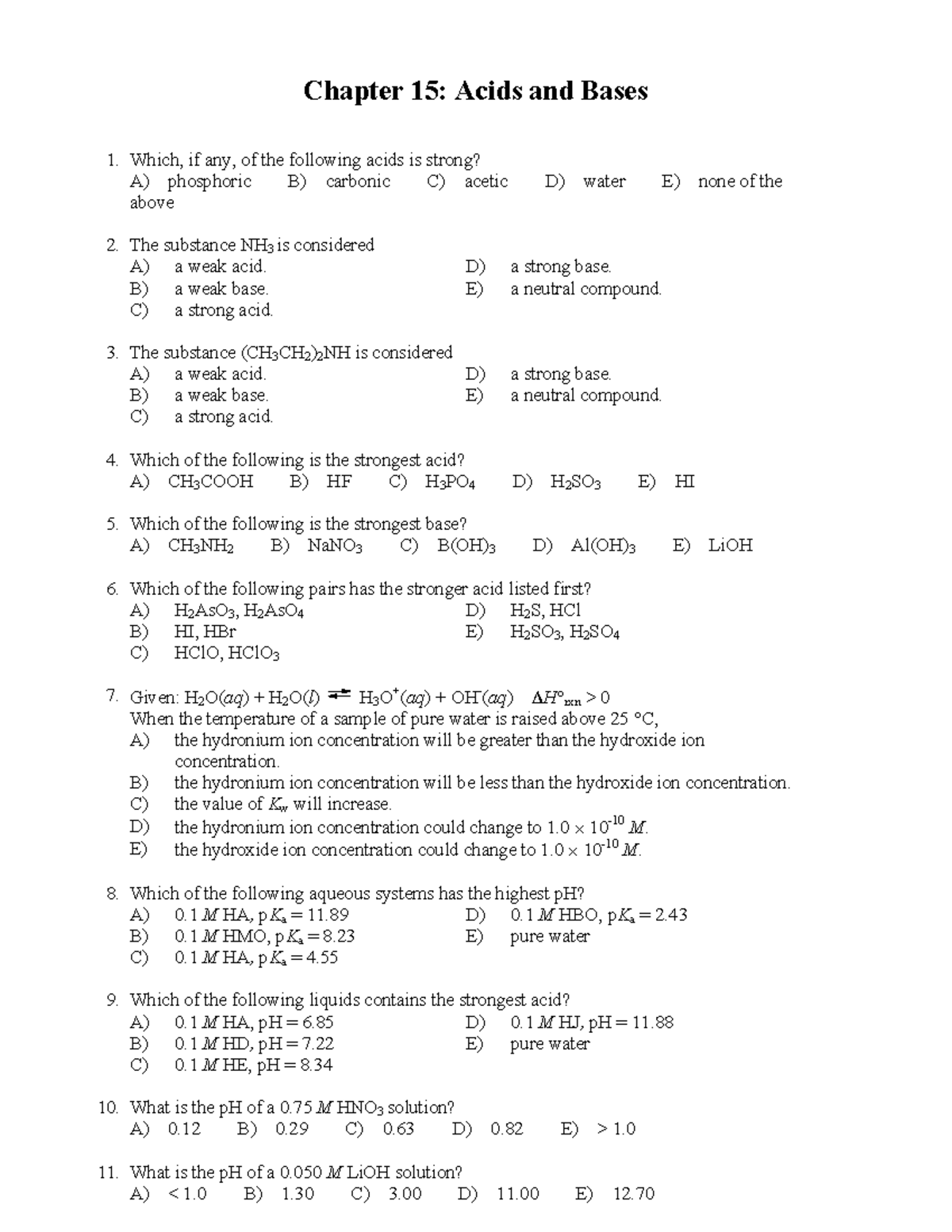 Practice: Chapter 15 - Acids and Bases Study Guide - Studocu