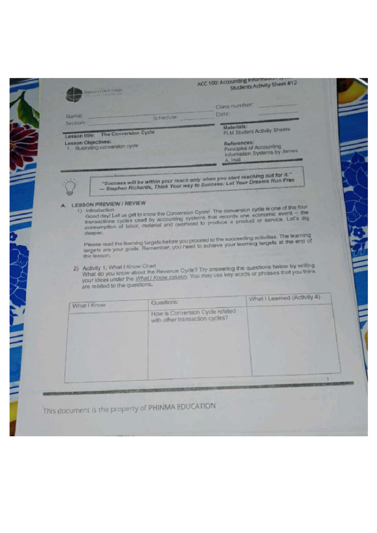 ACC 100: Lesson on the Conversion Cycle Activity Sheet - Studocu