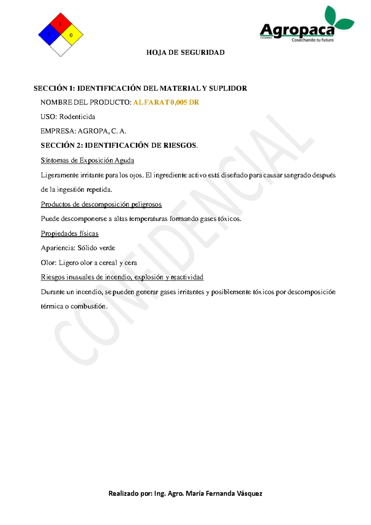 HOJA DE SEGURIDAD: ALFARAT 0.005 DR - RODENTICIDA - Studocu