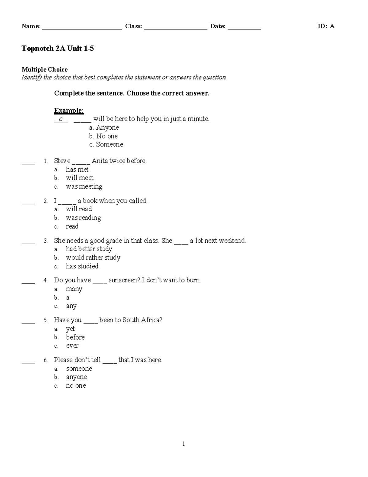 Topnotch 2A Unit 1-5 Multiple Choice & Short Answer Review - Studocu