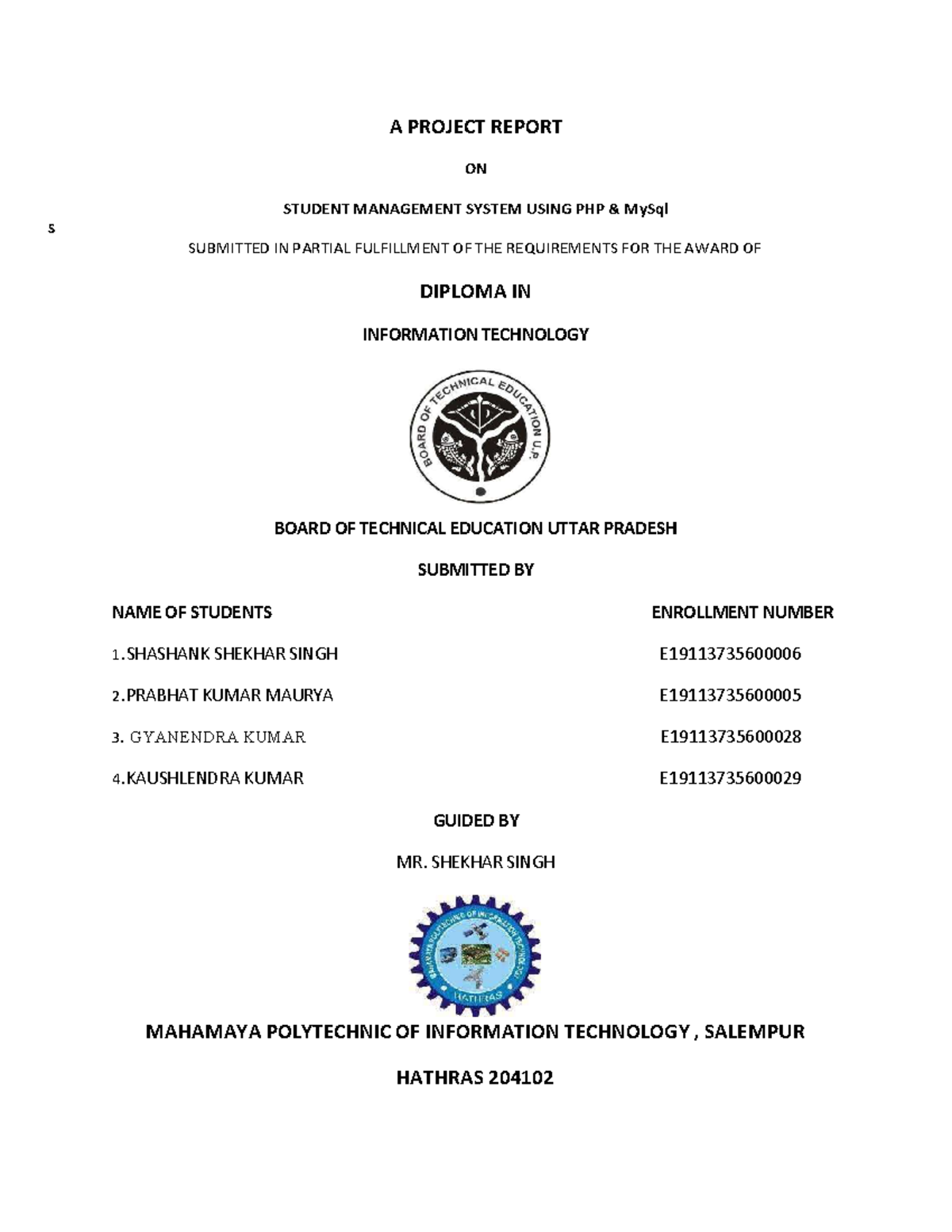 Student Management System Project Report - Diploma in IT - Studocu