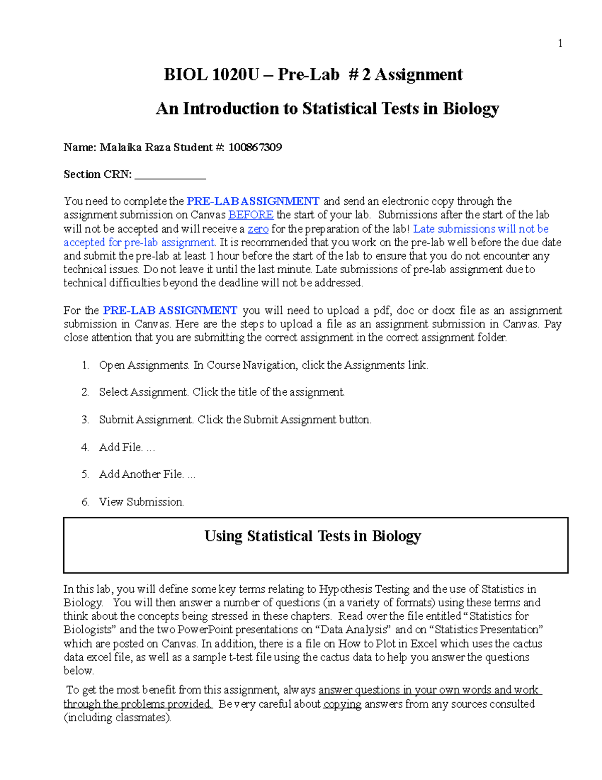 BIOL 1020U – Pre-Lab #2: Statistical Tests in Biology Assignment - Studocu