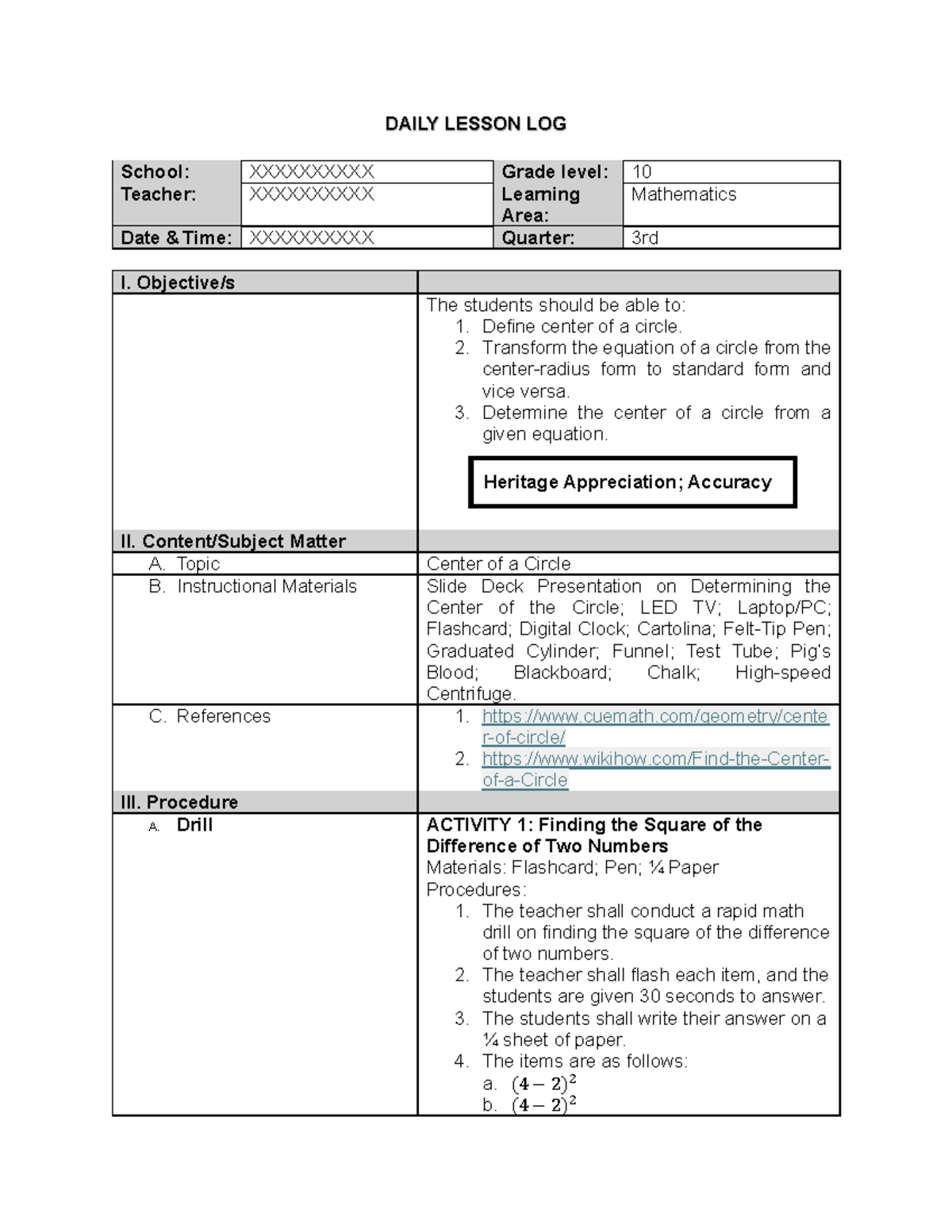 DAILY LESSON LOG: Center of the Circle - Grade 10 Math - Studocu