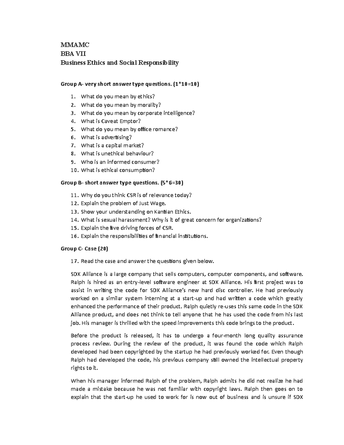 Business ethics and social responsibility question second term - MMAMC ...
