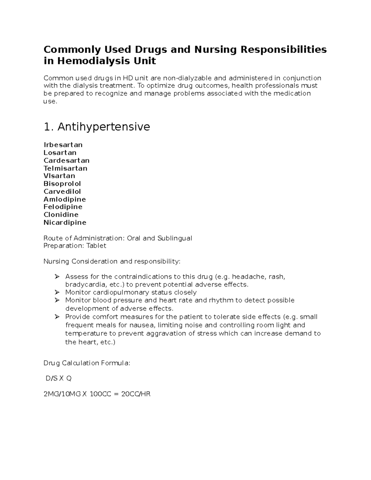 Commonly Used Drugs and Nursing Roles in Hemodialysis Unit - Studocu