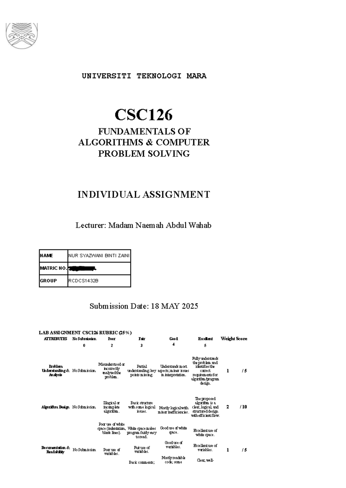 CSC126 Individual Assignment Report: Fundamentals of Algorithms - Studocu