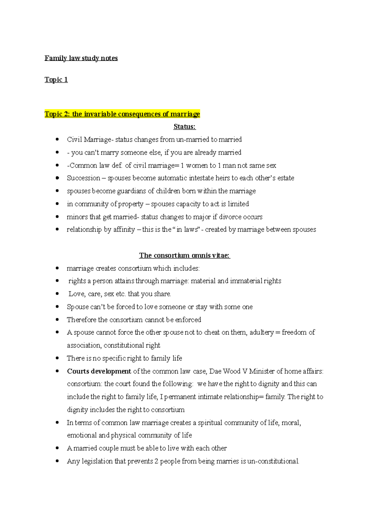 Family Law Exam Notes (Course Code: LAW101) - Key Concepts & Cases ...