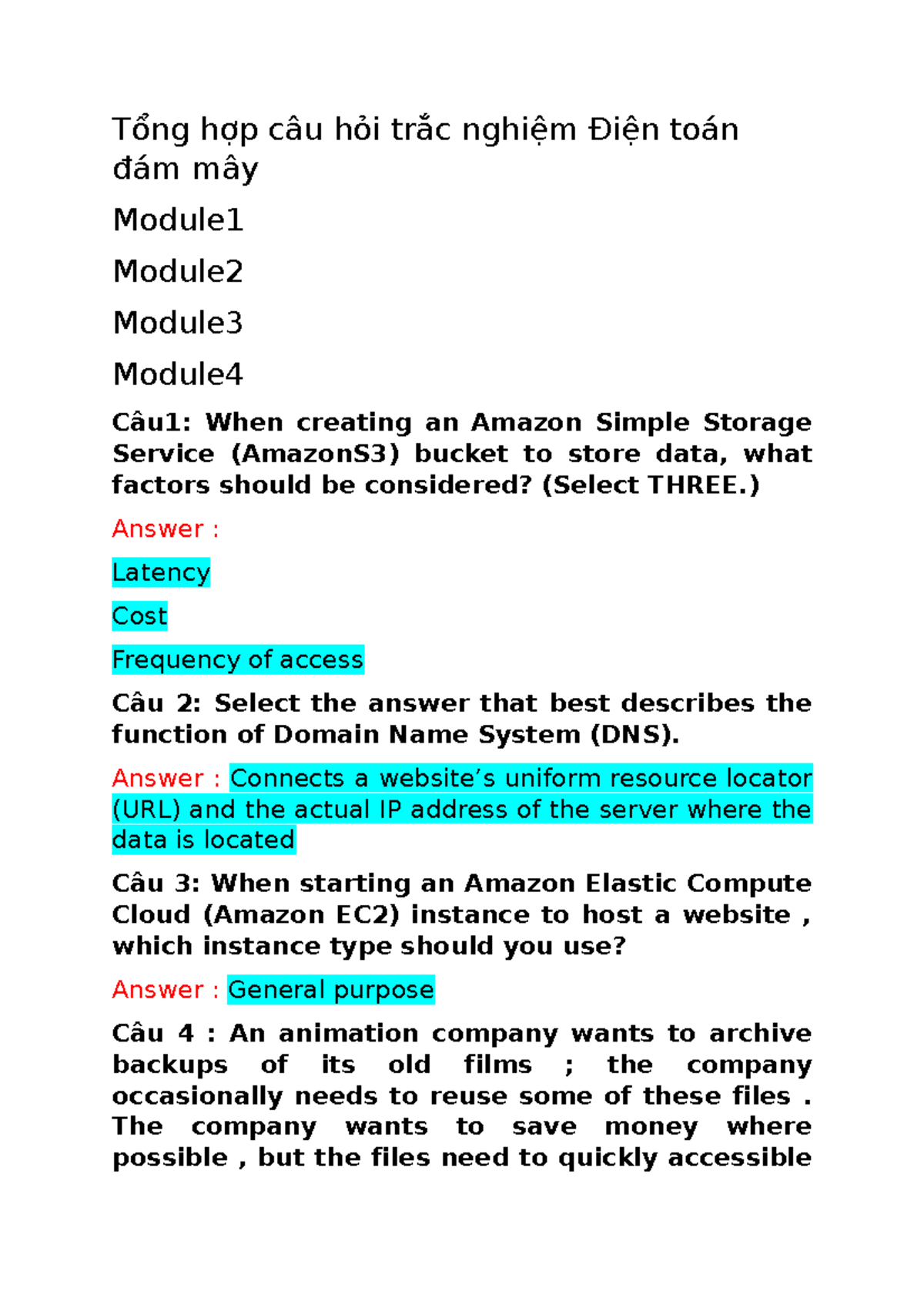 Tổng hợp câu hỏi trắc nghiệm AWS Cloud Computing (Module) - Studocu