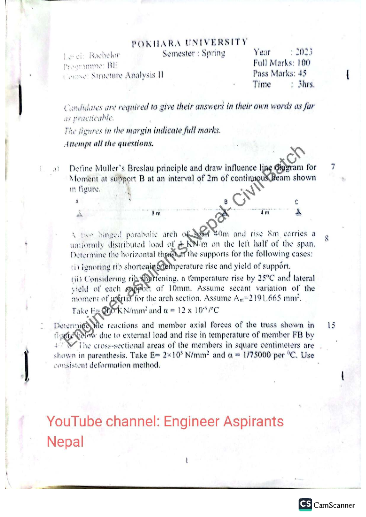 POKHARA UNIVERSITY BE Structure Analysis I Final Exam Spring 2023 - Studocu