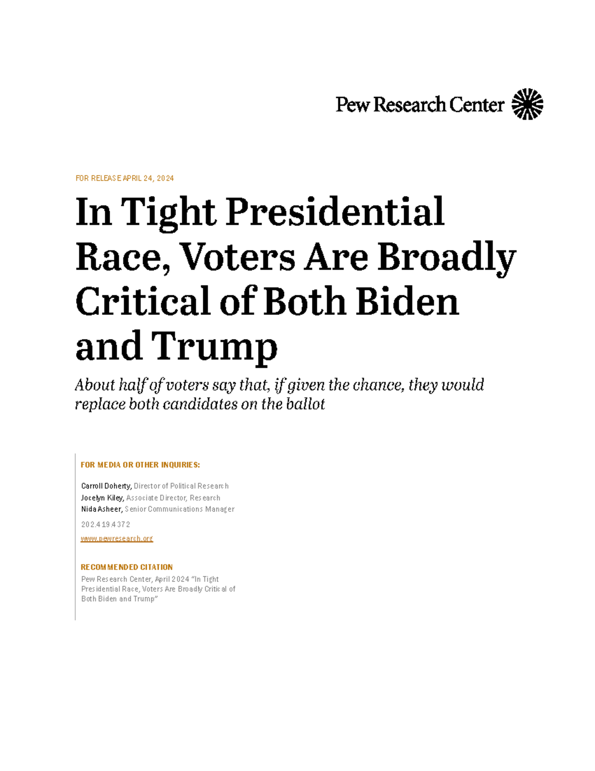April 2024 Pew Research Survey: Voter Confidence in Biden vs. Trump ...
