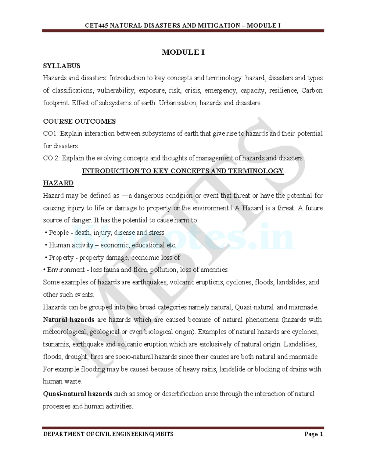 CET445 Natural Disasters and Mitigation: Module I Syllabus and Key ...
