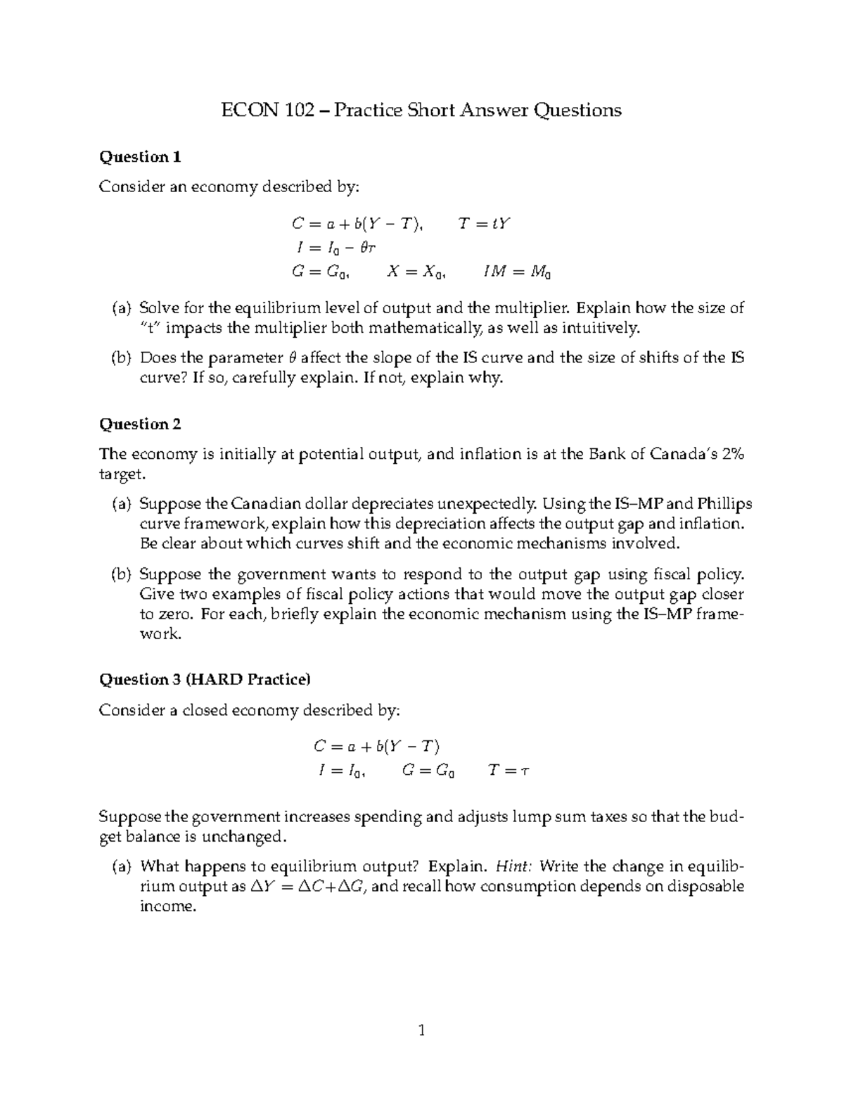 ECON 102 - Short Answer Final Exam Practice Questions - Studocu