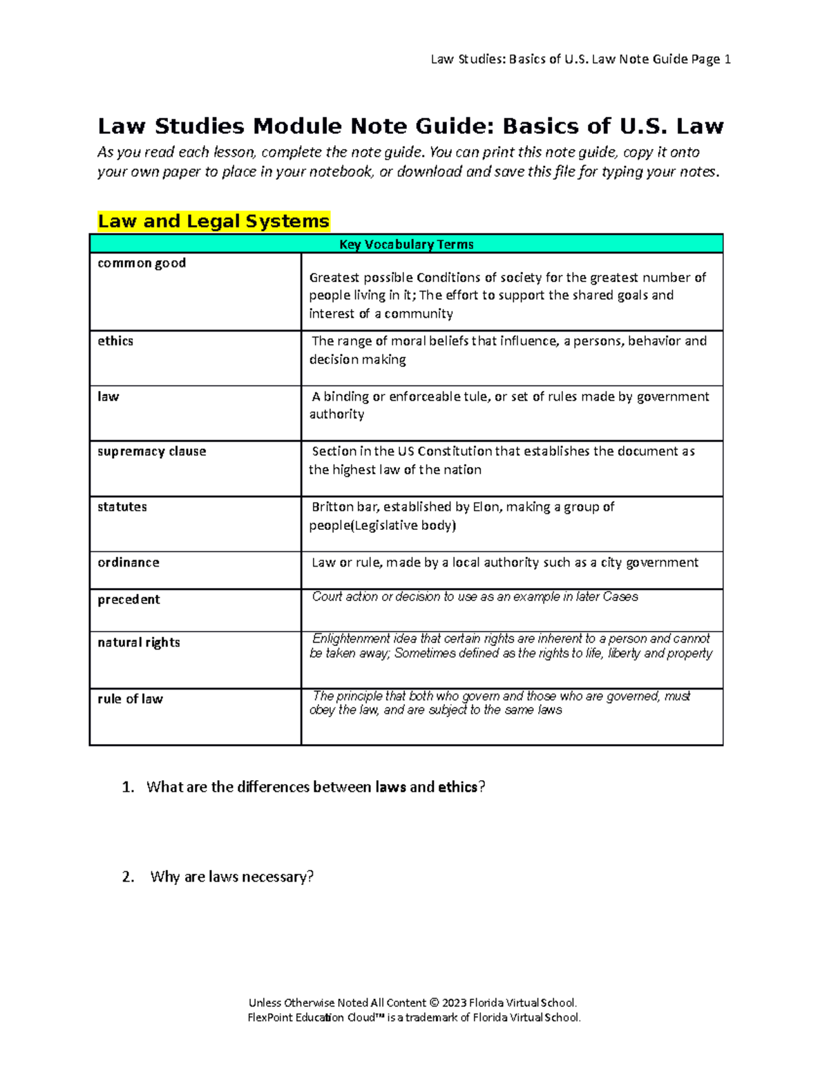 Basics of U.S. Law Study Notes: Essential Terms & Concepts Guide - Studocu