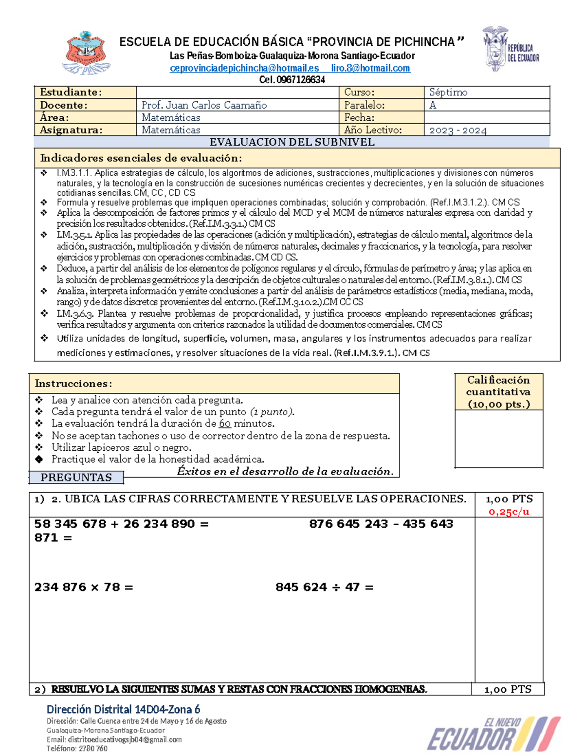 Evaluación del Subnivel Séptimo A 2023-2024 - Matemáticas y Lengua y ...