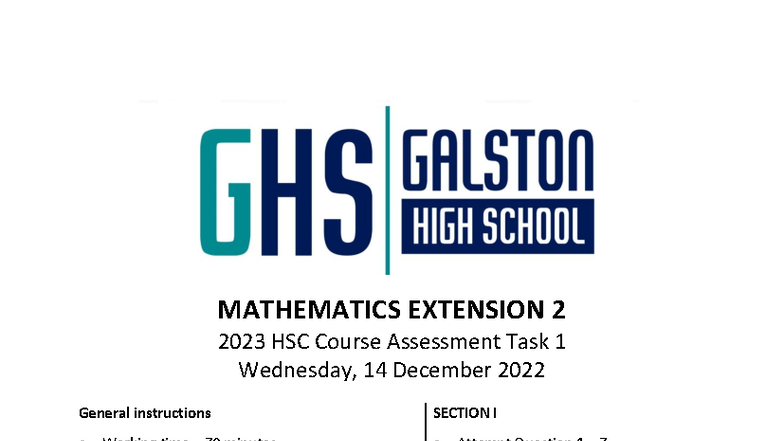 2023 MATHEMATICS EXTENSION 2 HSC Assessment Task 1 (Complex Numbers ...