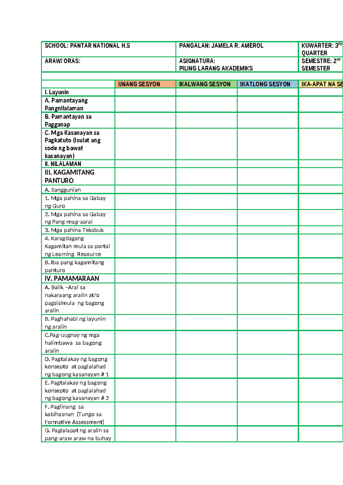 Blank DLL FIL - Filipino 3rd Quarter Lesson Plan - Studocu