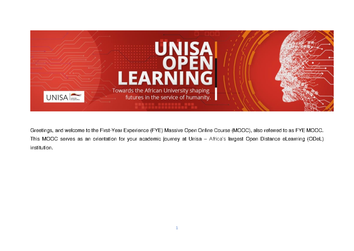 FYE 101: Orientation Guide for First-Year Experience MOOC at Unisa - Studocu