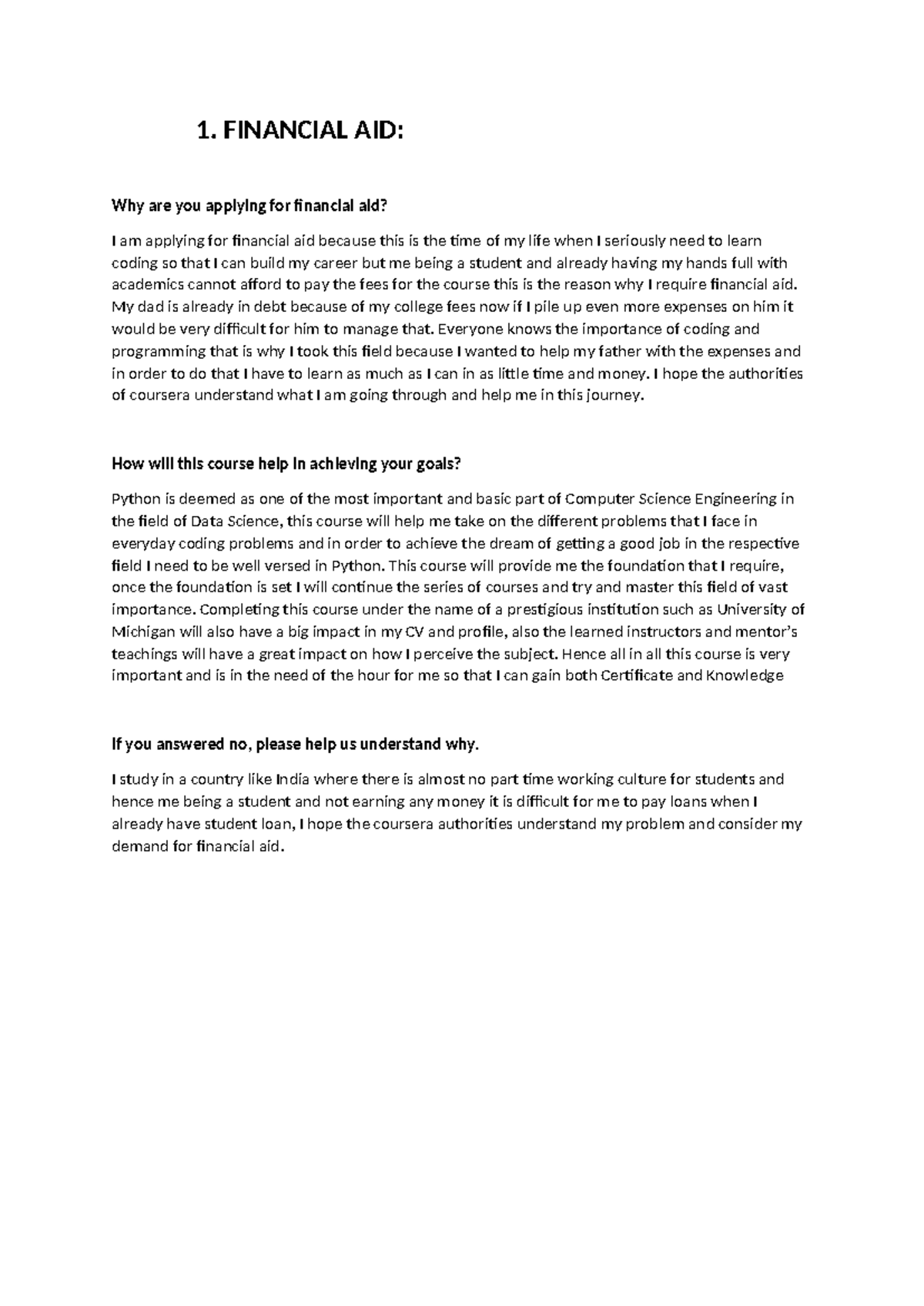 Coursera Financial Aid Application: Need for Support in Coding Course ...