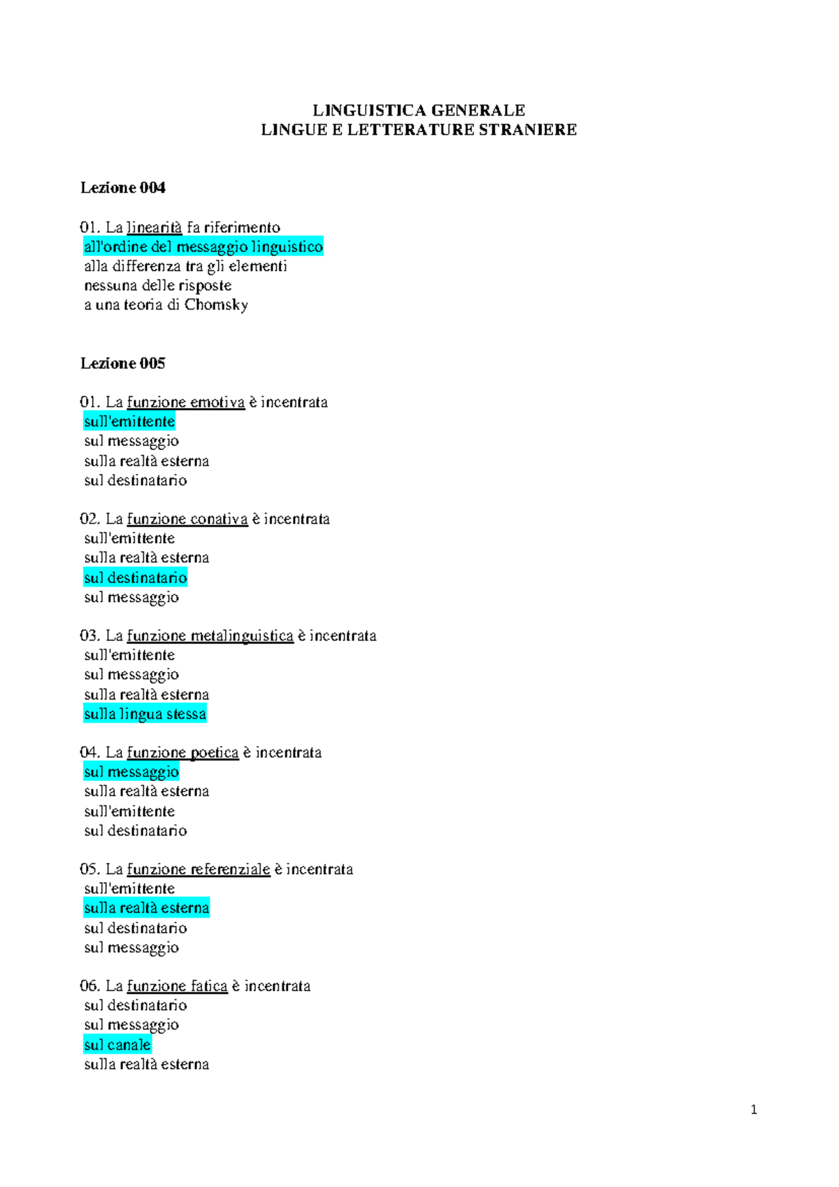 Paniere Linguistica Generale (con risposte) - Warning: TT: undefined function: 32 LINGUISTICA ...