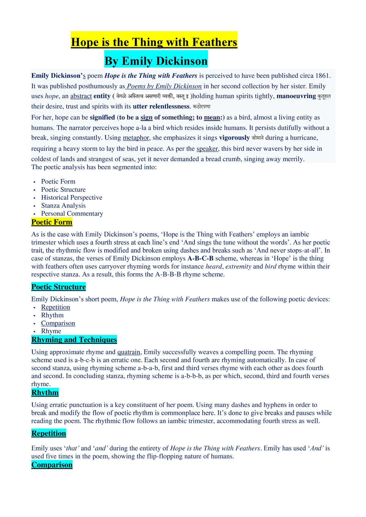 Emily Dickinson's "Hope is the Thing with Feathers": Poetic Analysis ...