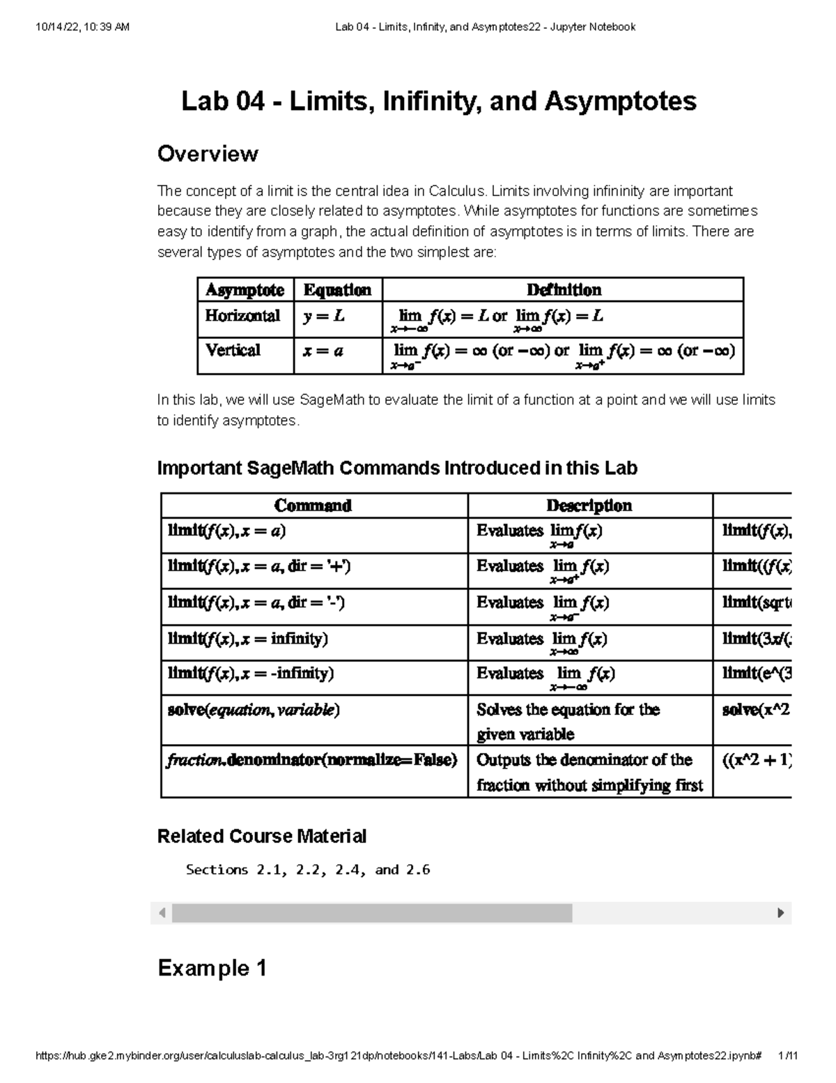 Lab 04 - Limits, Infinity, and Asymptotes 22 - Jupyter Notebook - Lab ...