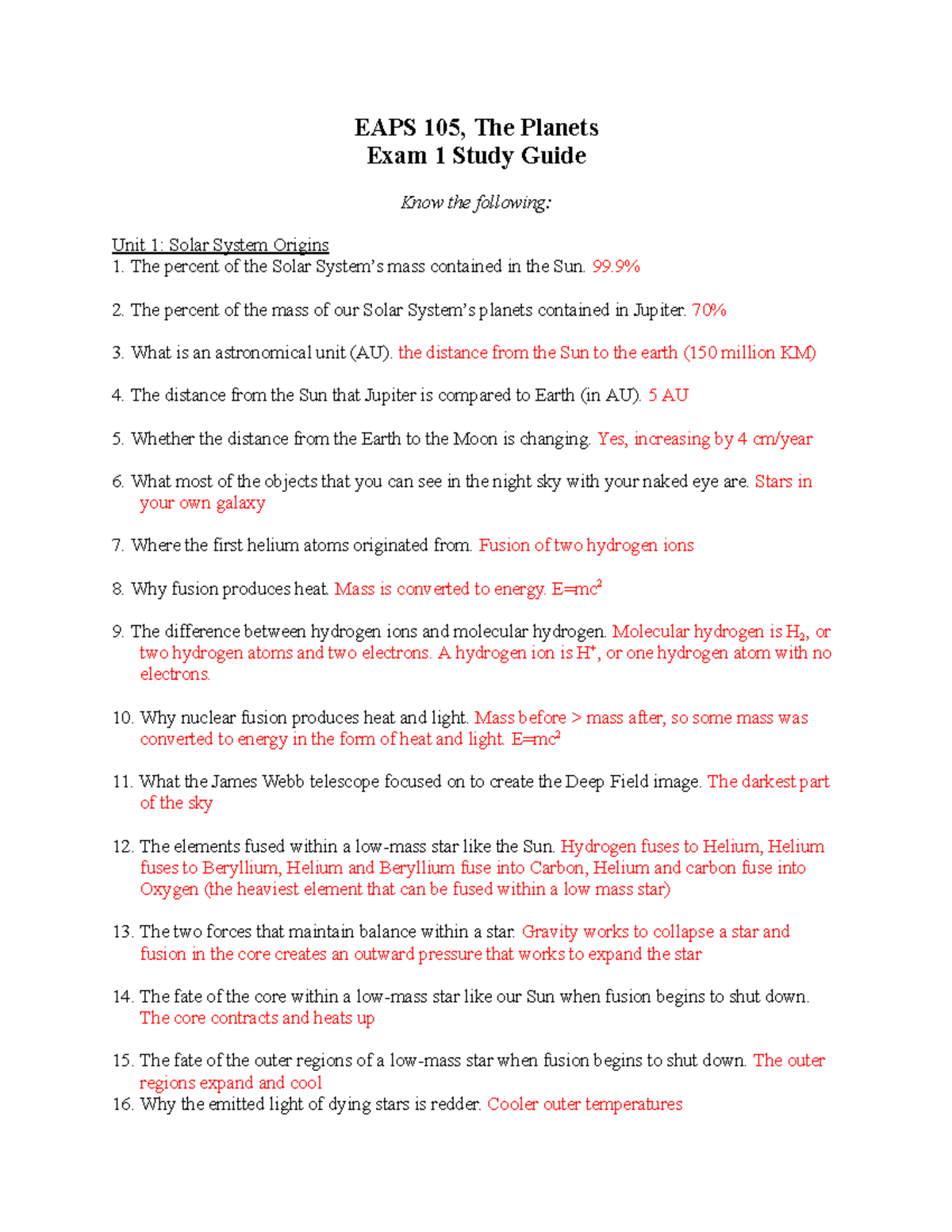 Eaps 105 Study guide 1 - EAPS 105, The Planets Exam 1 Study Guide Know ...