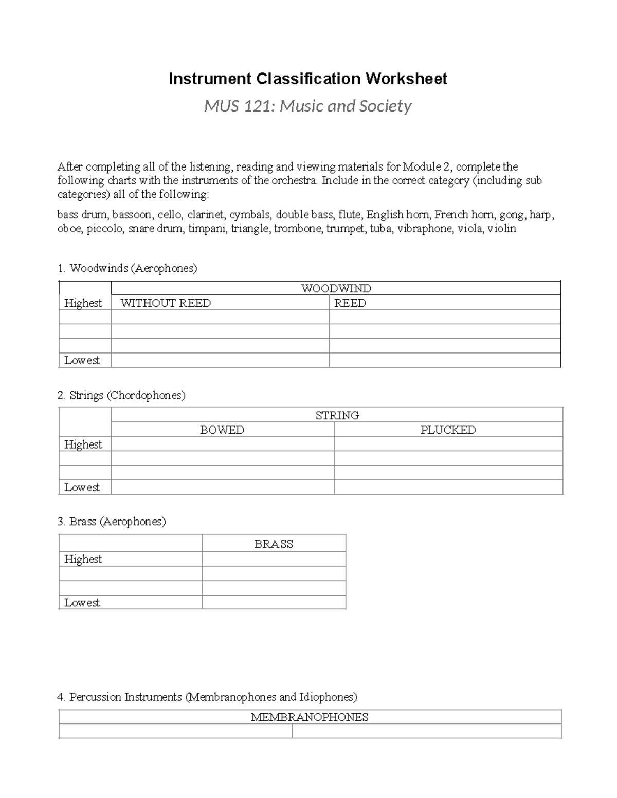 MUS 121 Instrument Classification Worksheet - Module 2 Analysis - Studocu