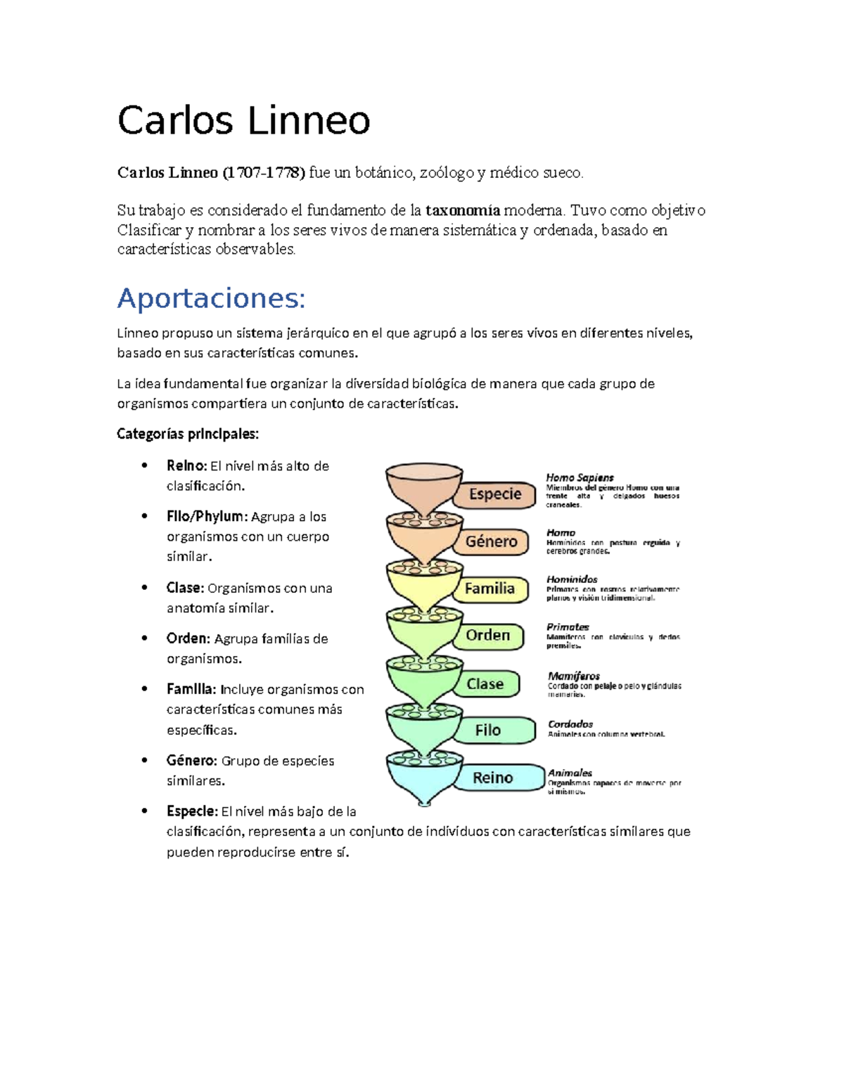 Carlos Linneo y la Clasificación de los Seres Vivos - Studocu