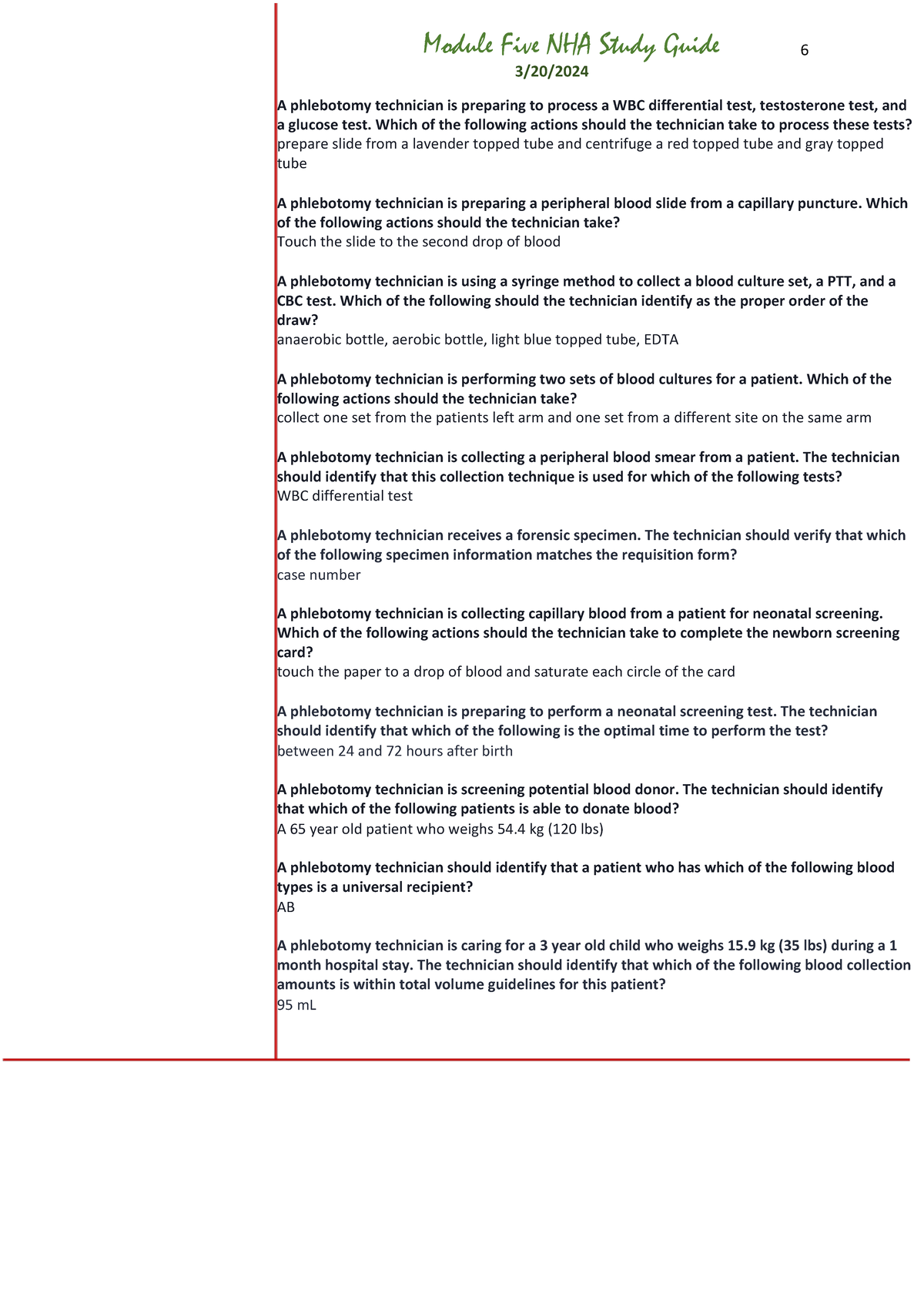 Module 5 NHA Study Guide: Phlebotomy Techniques & Test Procedures - Studocu