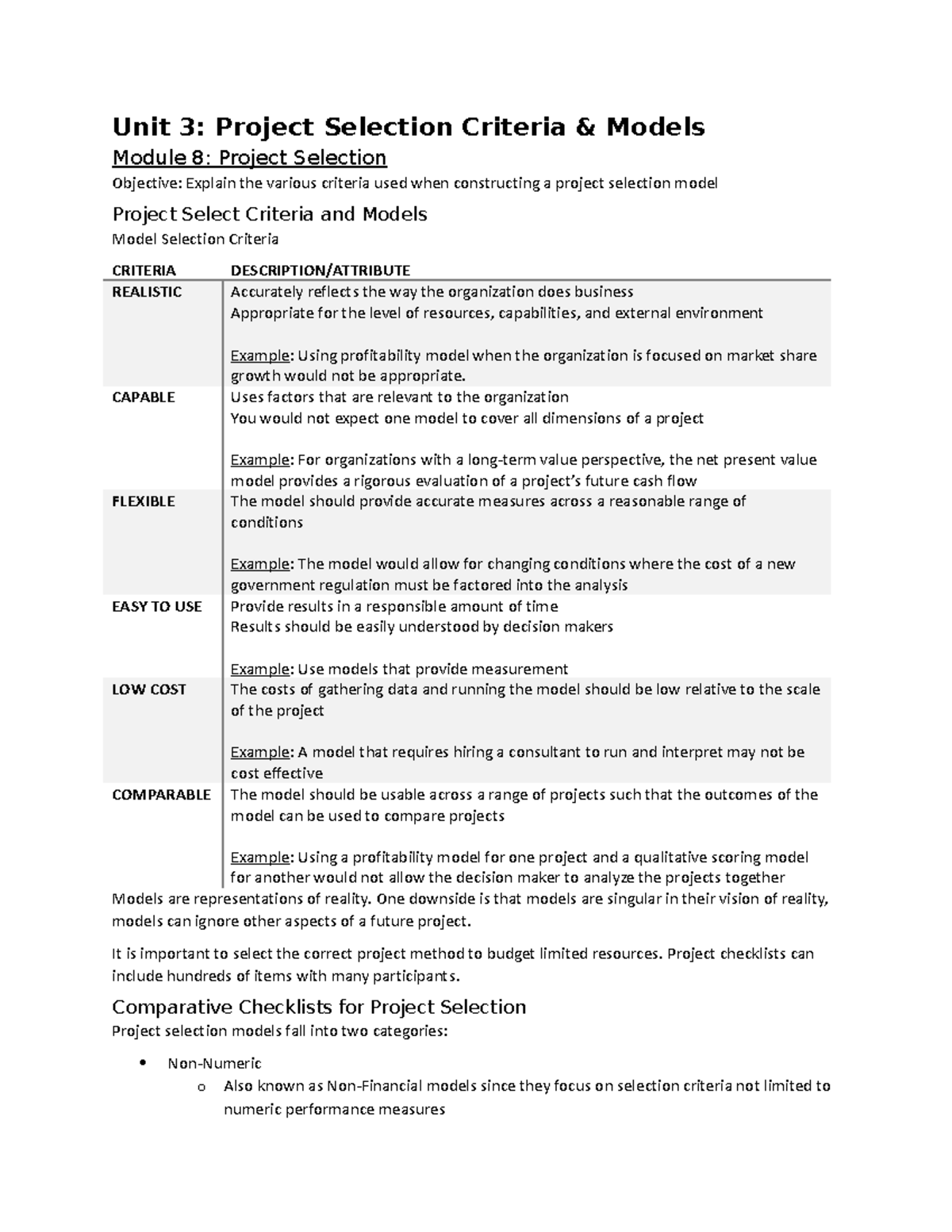 C722 - Unit 3 - Project Selection Criteria & Models Overview - Studocu