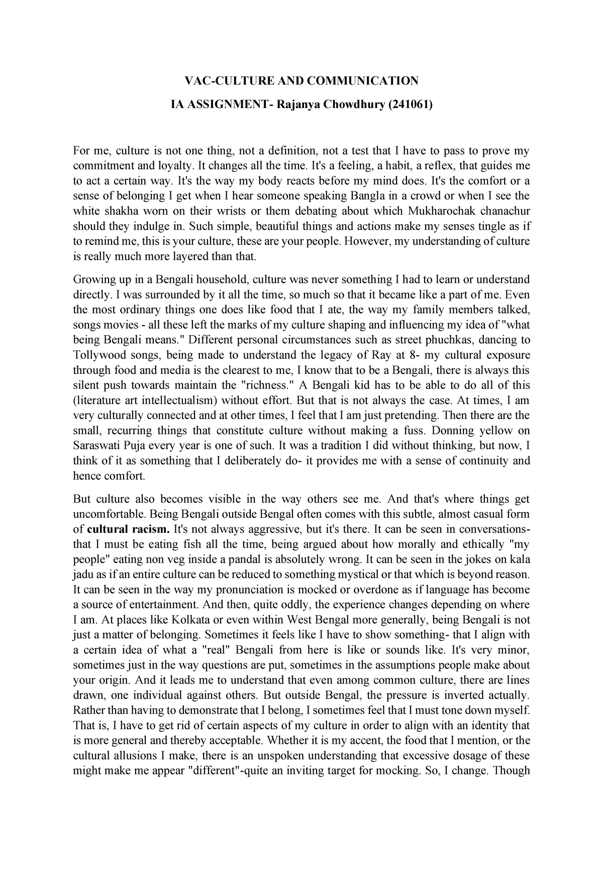 Cultural Identity and Belonging: A Bengali Perspective (IA 241061 ...
