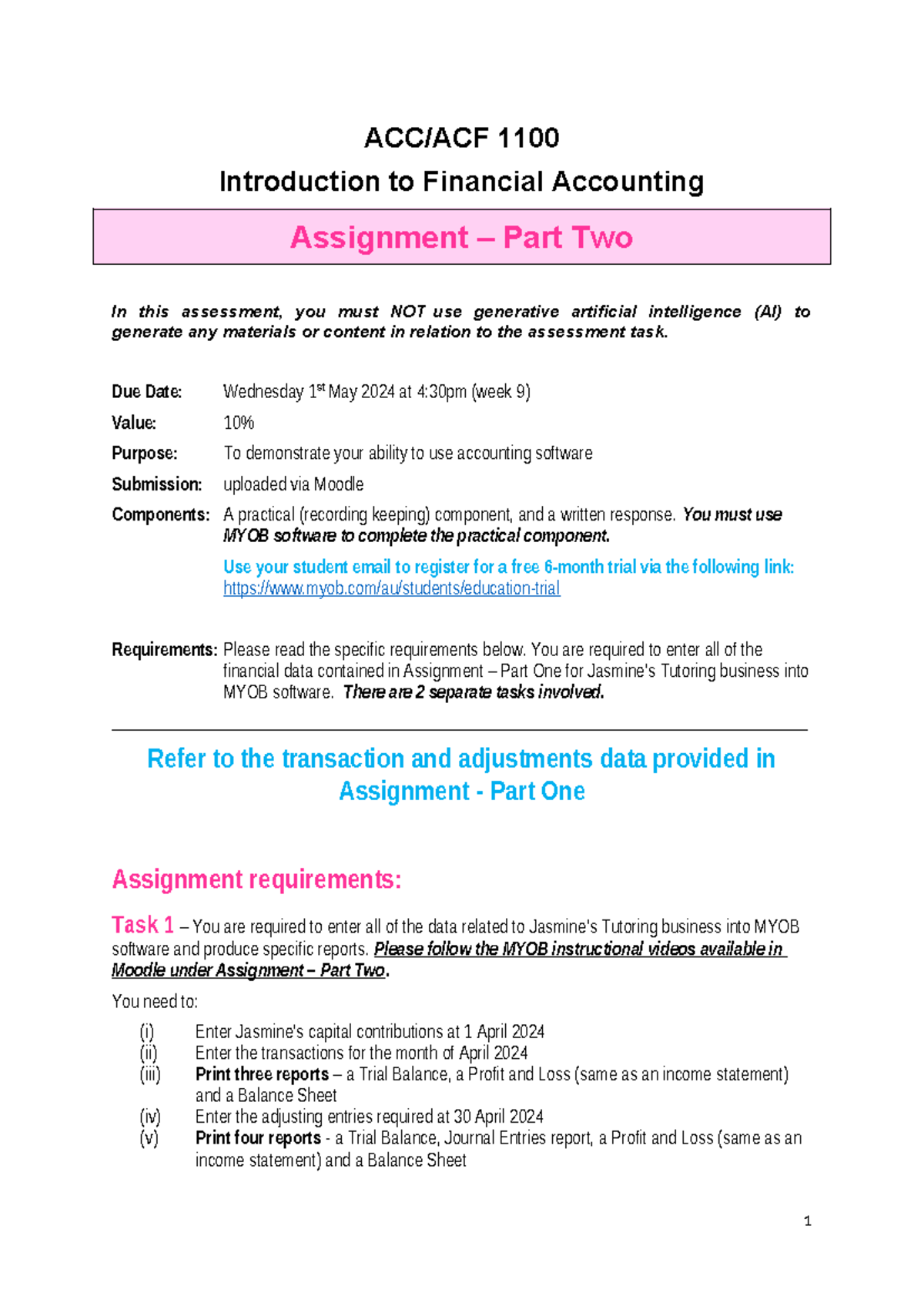 ACC ACF1100 Financial Accounting Assignment Part Two Guide - Studocu