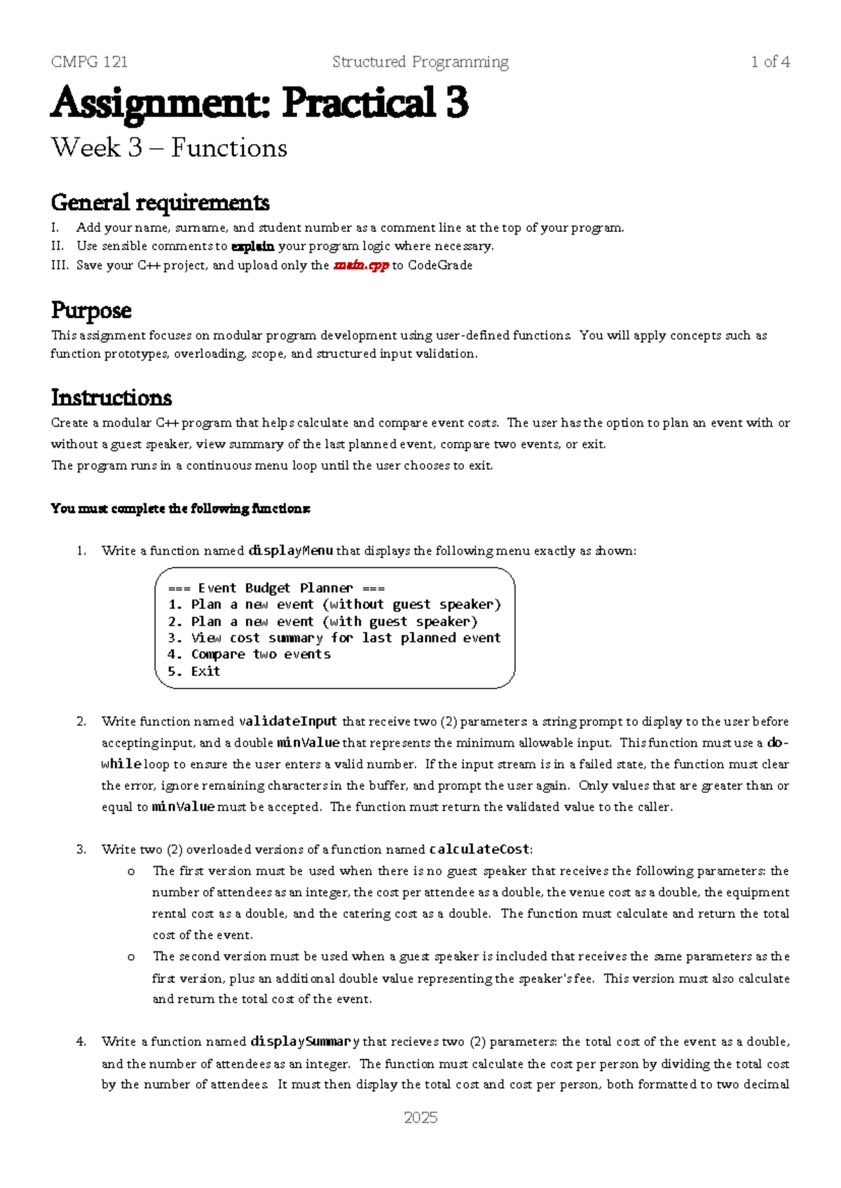 CMPG 121 Practical 3: Event Budget Planner Assignment - Studocu