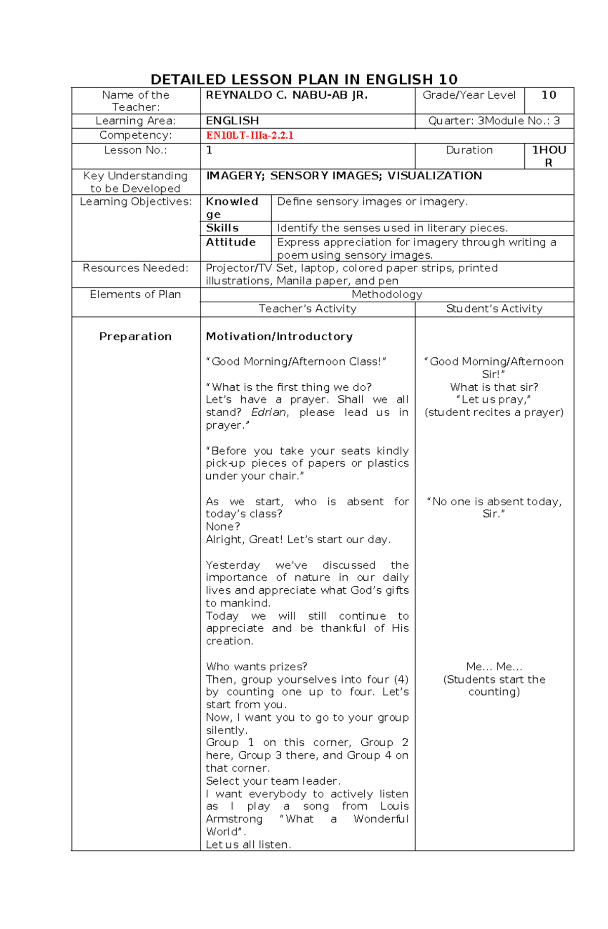 Detailed Lesson Plan on Sensory Imagery for English 10 - Studocu
