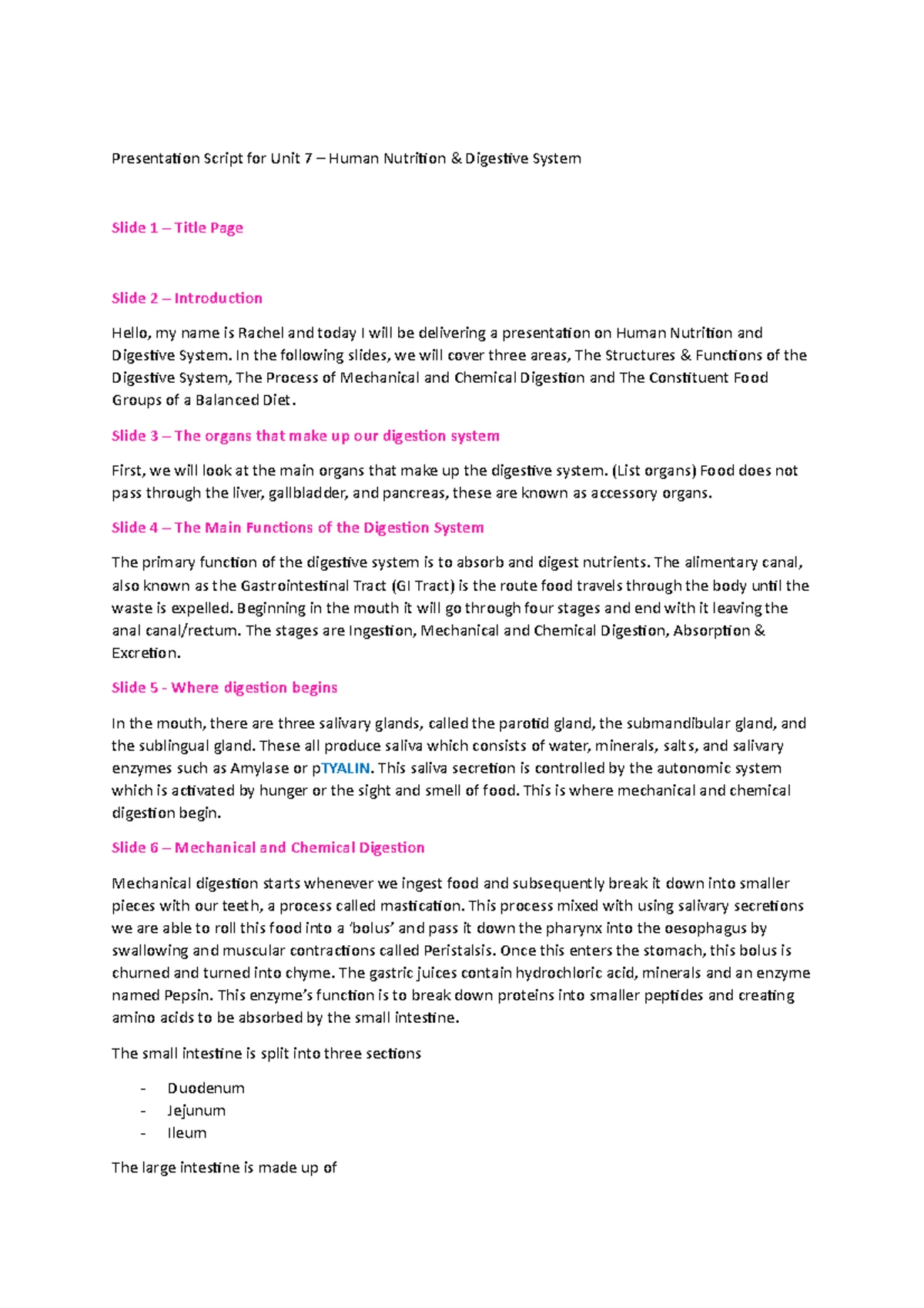 Unit 9 - Human Nutrition and the Digestive System (Presentation Script ...