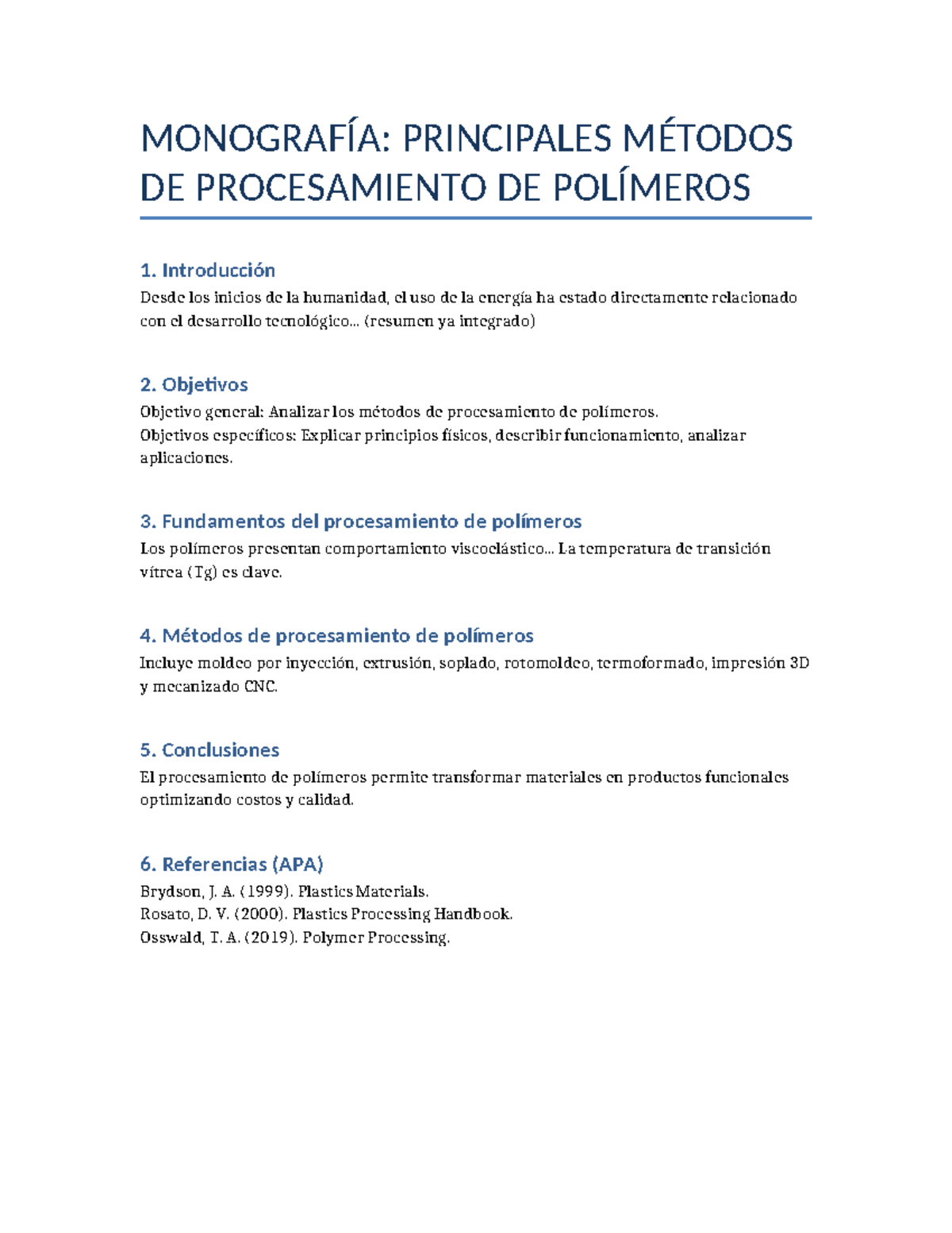 Monografía: Métodos de Procesamiento de Polímeros y Aplicaciones - Studocu