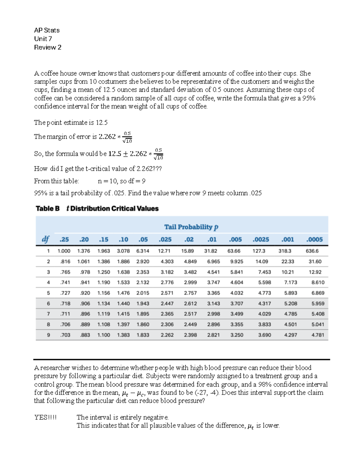 Inference+for+Means+(Review+2) - AP Stats Unit 7 Review 2 A coffee ...