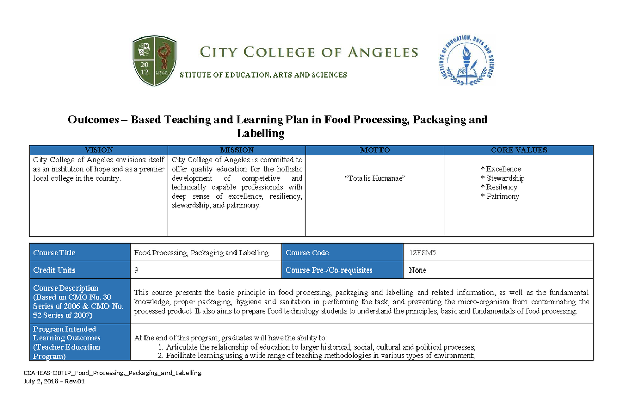 Outcomes-Based Teaching and Learning Plan for Food Processing (12FSM5 ...