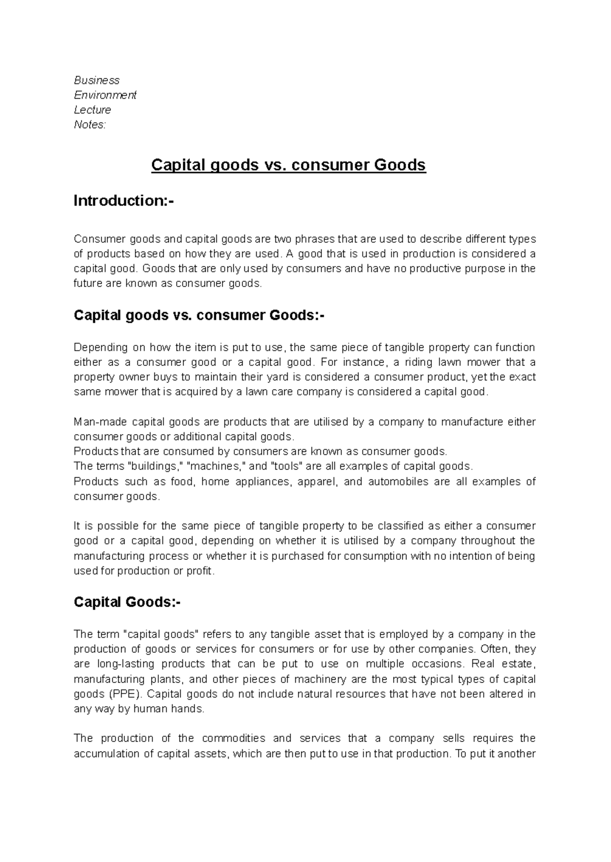 BUS 101: Capital Goods vs. Consumer Goods Lecture Notes - Studocu