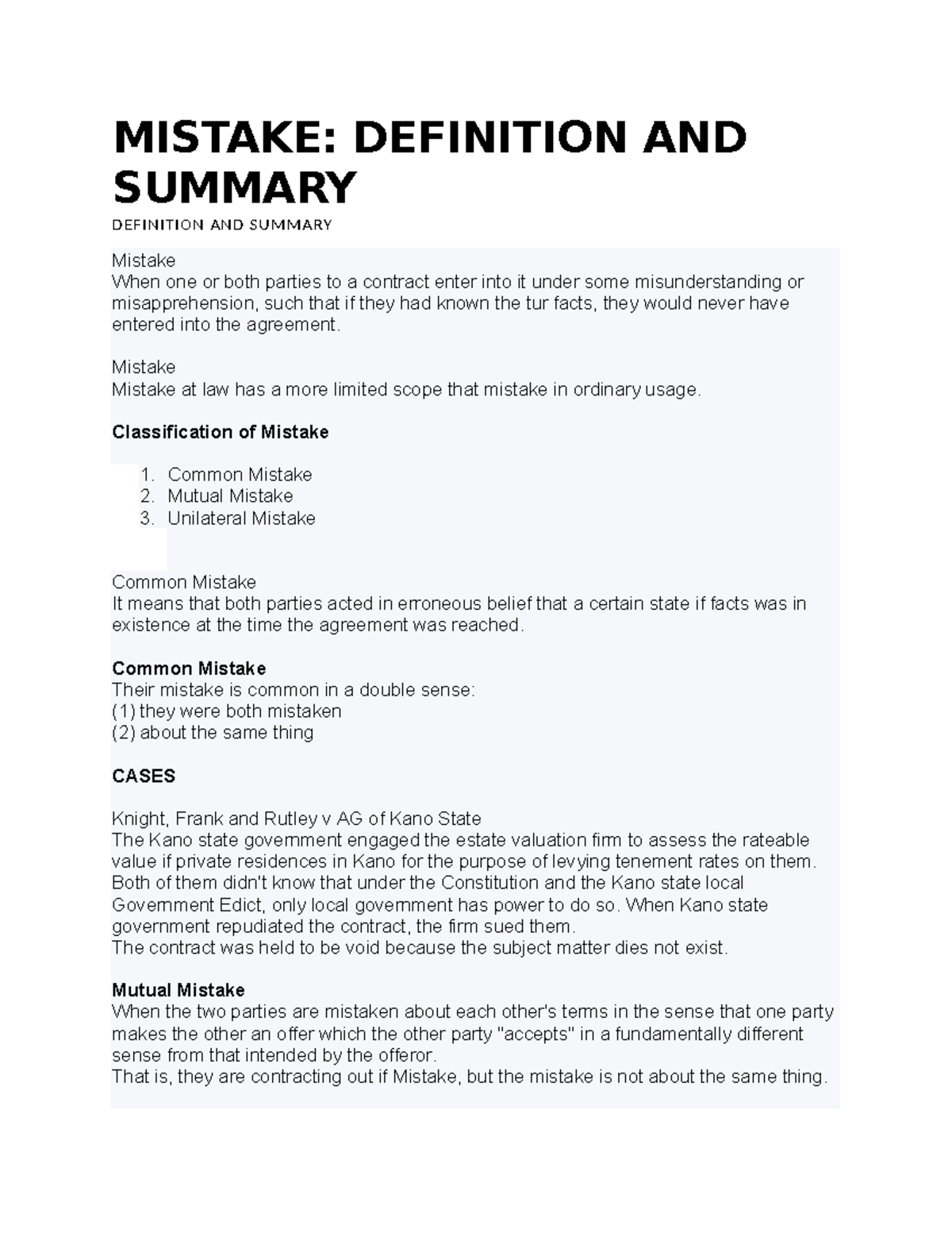Mistake in Contract Law: Types, Cases, and Implications (LAW 101) - Studocu