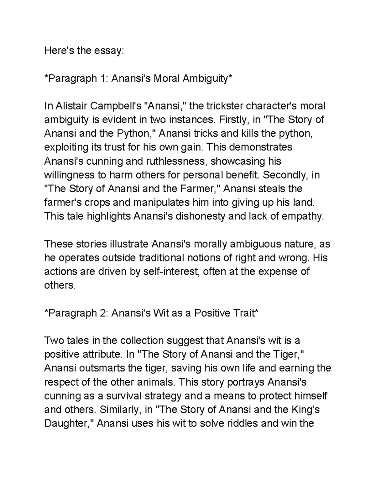 Essay on Anansi's Moral Ambiguity and Wit in Alistair Campbell's Tales ...