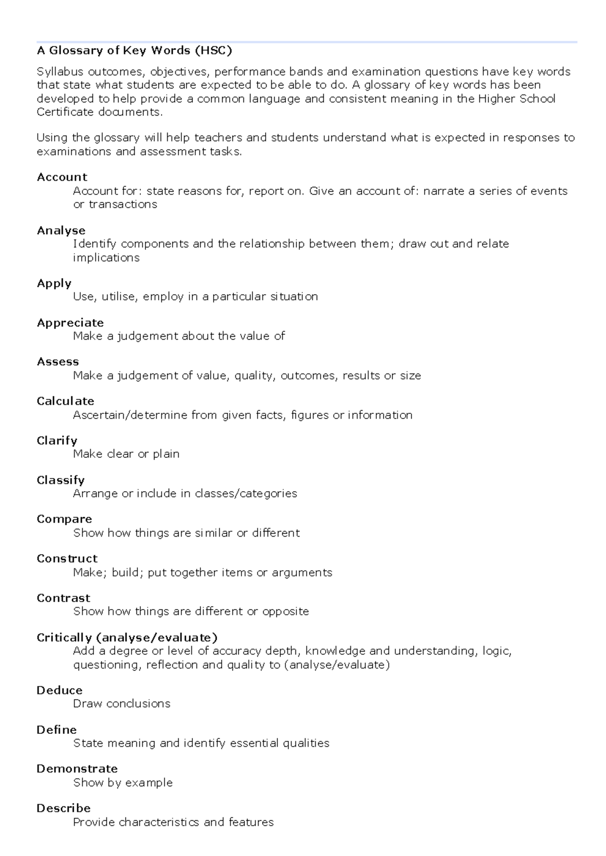 A Glossary of Key Words for HSC Exam Success - Studocu