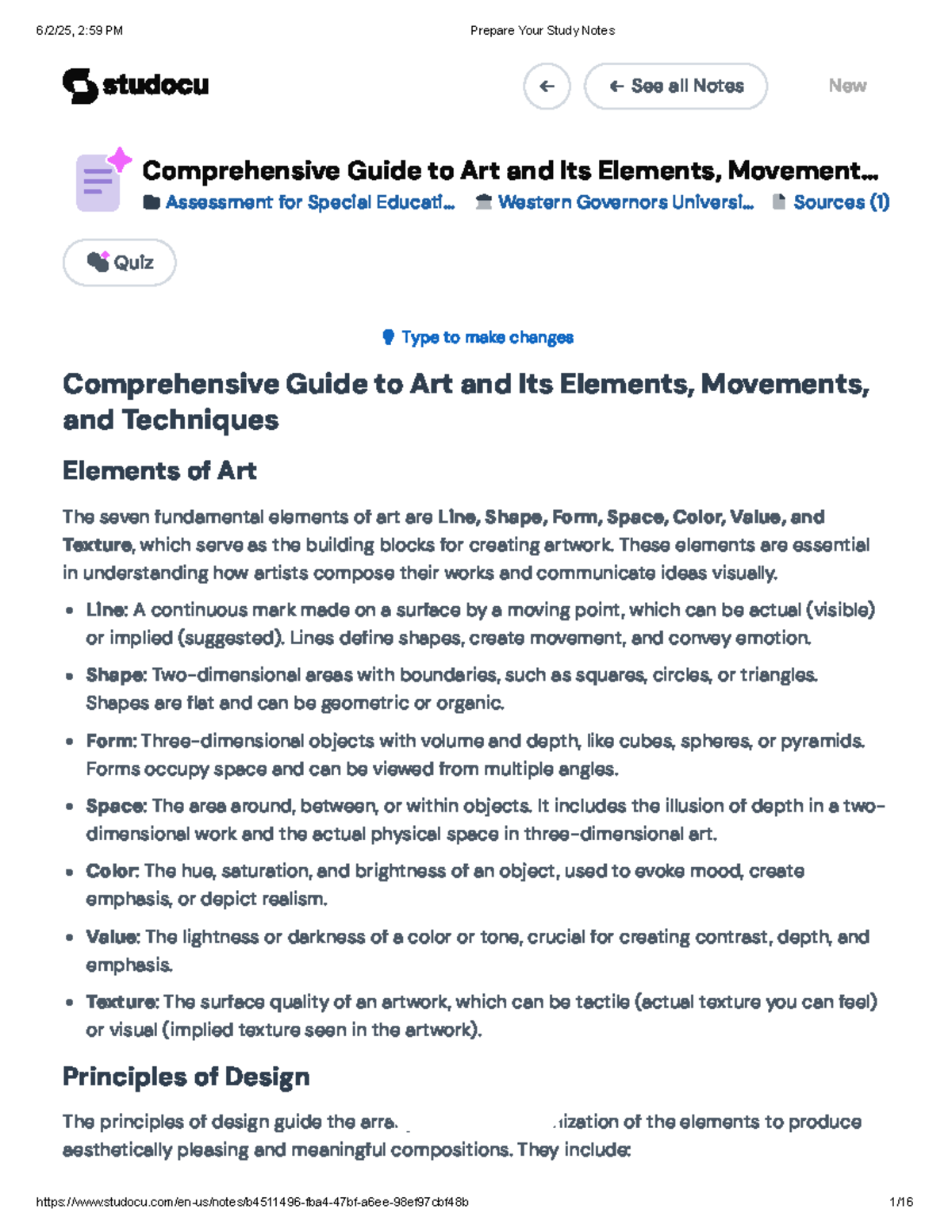 Comprehensive Guide to Art Elements & Movements: Study Notes for Quiz ...