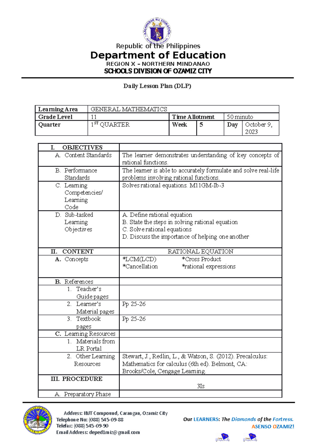 Lesson Plan on Solving Rational Equations (Grade 11, Gen Math) - Studocu