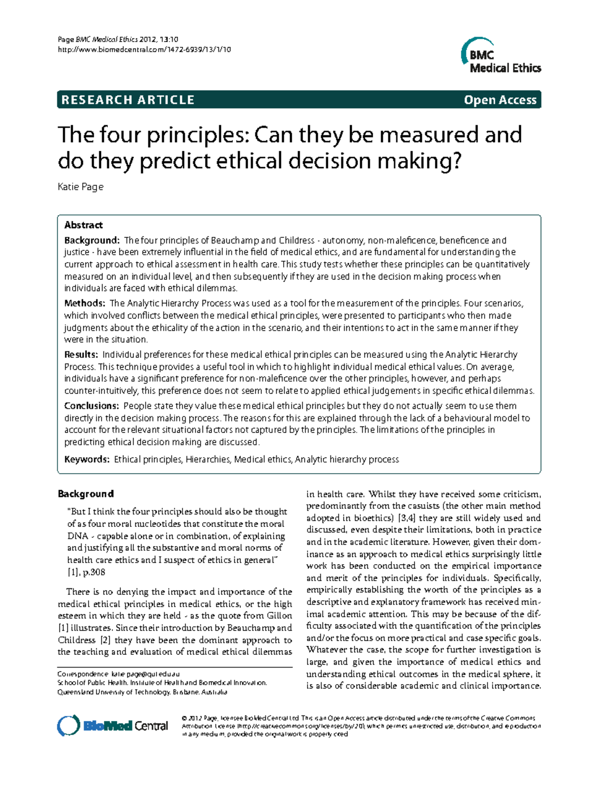 BMC Medical Ethics 2012: Measuring the Four Principles in Ethical ...