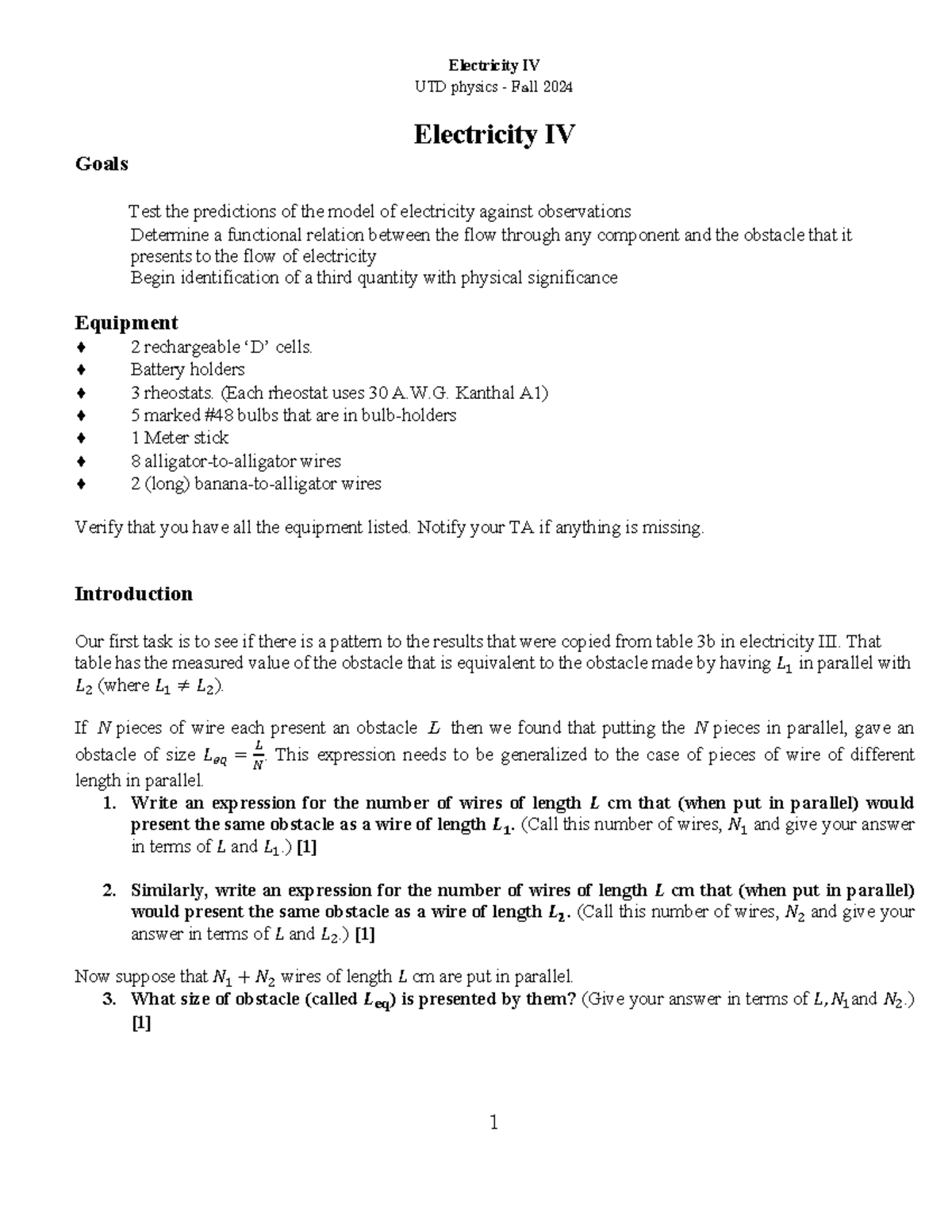 Electricity IV Lab Pre-Report - UTD Physics Fall 2024 - Studocu